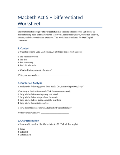 Macbeth SEN worksheets Acts 1 - 5 | Teaching Resources