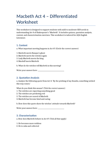 Macbeth SEN worksheets Acts 1 - 5 | Teaching Resources