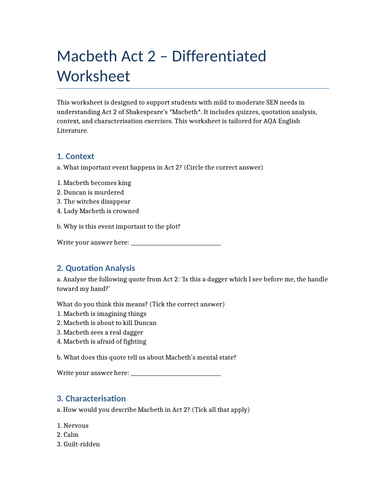 Macbeth SEN worksheets Acts 1 - 5 | Teaching Resources