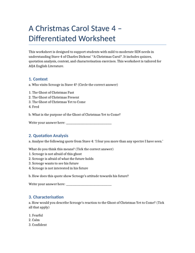A Christmas Carol Sen Worksheet Stave 4 Teaching Resources