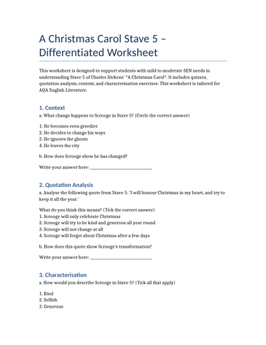 A Christmas Carol SEN worksheet Stave 5 | Teaching Resources