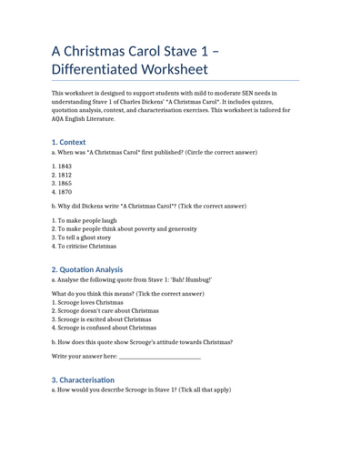 A Christmas Carol SEN Worksheets St1-5 | Teaching Resources