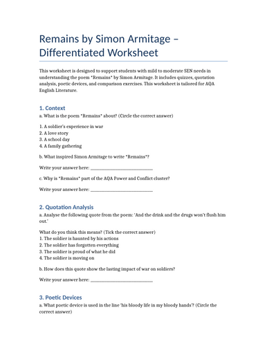 Remains poem worsheet SEN students | Teaching Resources