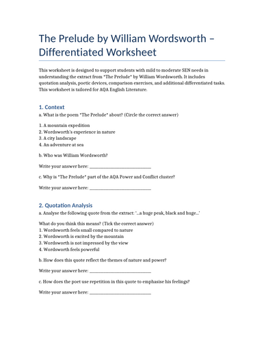 SEN Worksheet: 'The Prelude' Wordsworth | Teaching Resources