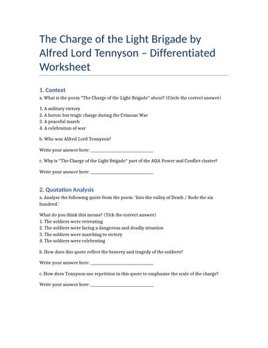 Charge of the Light Brigade SEN Worksheet | Teaching Resources