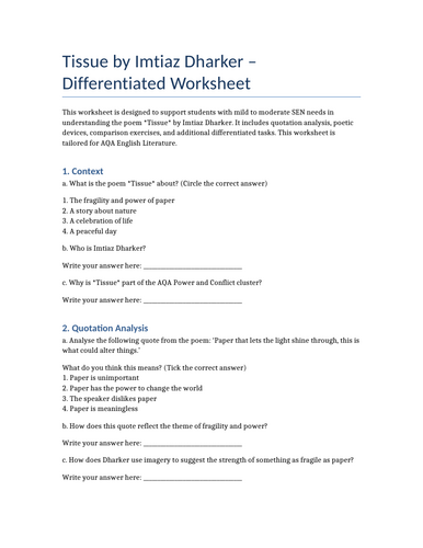 Tissue poem worksheet SEN | Teaching Resources