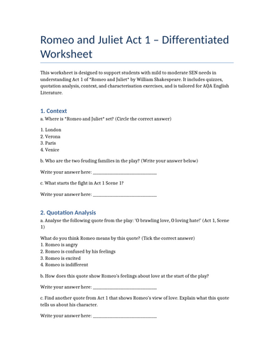 Romeo & Juliet Act 1 SEN worksheet | Teaching Resources