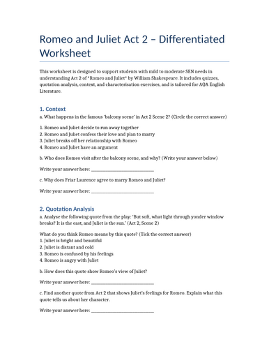 Romeo and Juliet Act 2 SEN Worksheet | Teaching Resources