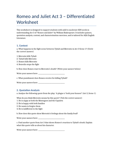 Romeo & Juliet ACT 3 SEN worksheet | Teaching Resources