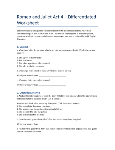 Romeo & Juliet ACT 4 SEN Worksheet | Teaching Resources