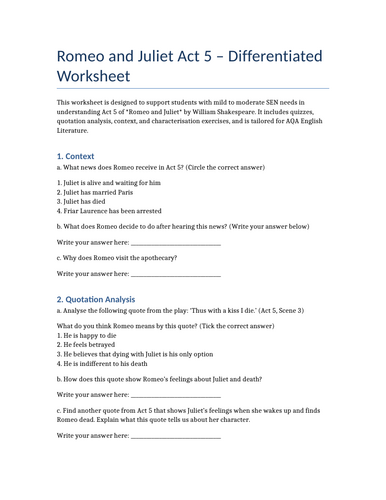 Romeo & Juliet ACT 5 SEN worksheet | Teaching Resources