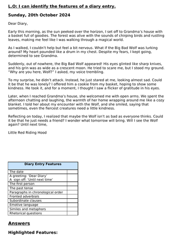 Diary Entry Grammar Features Year 4/KS2 | Teaching Resources