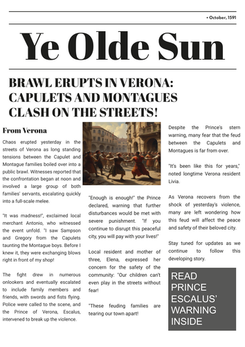 Romeo and Juliet, Conflict Pack for GCSE: Novel Versions, Newspaper ...