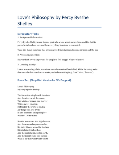 Love's Philosophy Shelley SEN worksheet | Teaching Resources