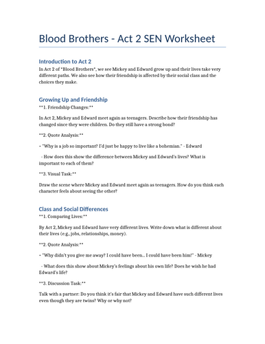Blood Brothers Act 2 SEN worksheet | Teaching Resources
