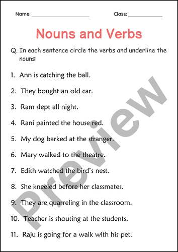 Printable Nouns and Verbs Grammar Worksheets 2nd and 3rd Grade ...