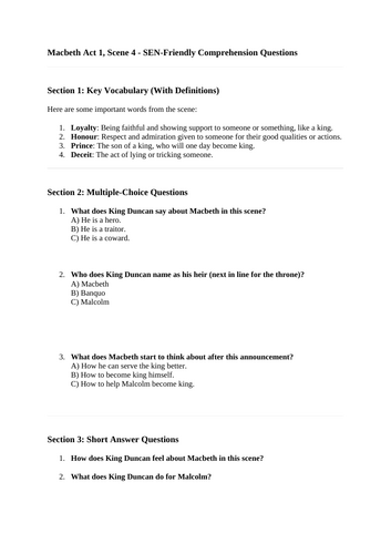 Macbeth Act 1 Scene 4 SEN Worksheet | Teaching Resources