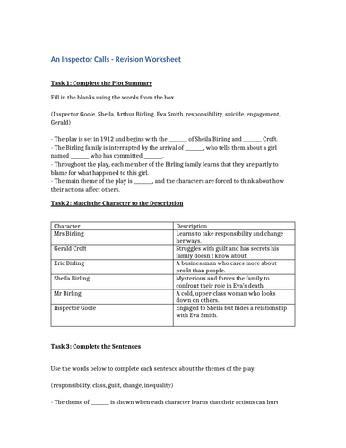An Inspector Calls SEN EXAM REVISION WORKSHEET | Teaching Resources