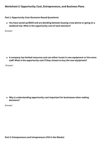 Worksheet - Opportunity cost, entrepreneurs and business plans ...
