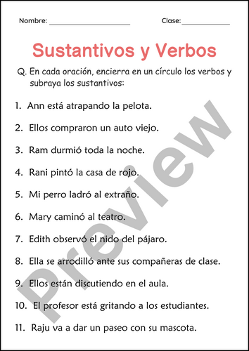 Nouns and Verbs Worksheets in spanish - Hojas de trabajo de sustantivos ...