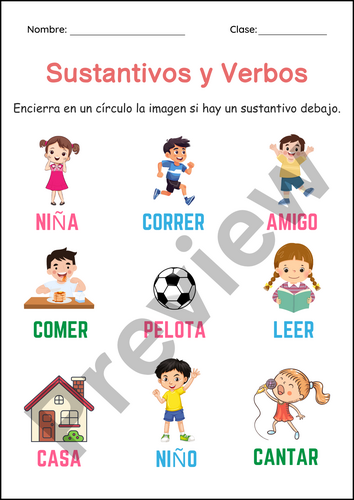 Nouns and Verbs Worksheets in spanish - Hojas de trabajo de sustantivos ...