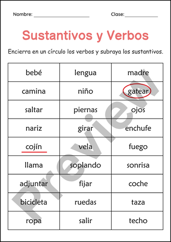 Nouns and Verbs Worksheets in spanish - Hojas de trabajo de sustantivos ...