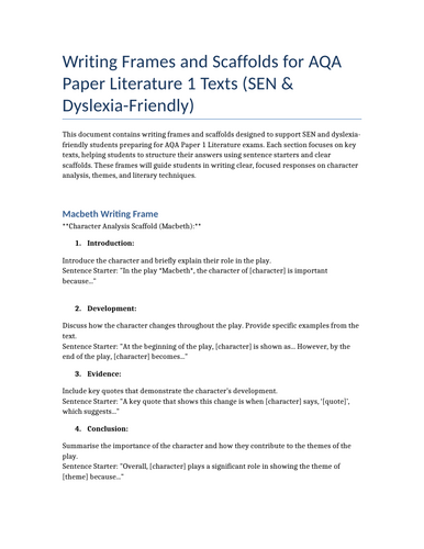 AQA ENG LIT PAPER 1 SEN WRITING FRAMES | Teaching Resources