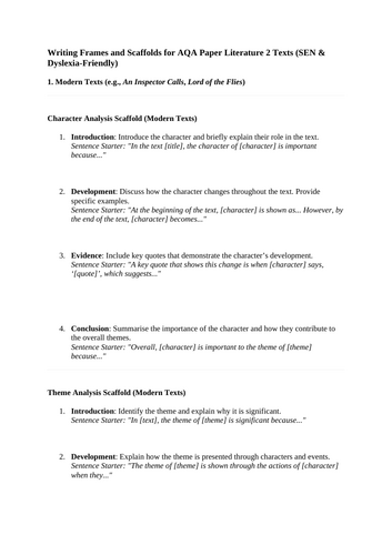 AQA ENG LIT PAPER 2 SEN WRITING FRAMES | Teaching Resources