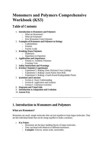 Monomers and Polymers Workbook | Teaching Resources