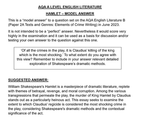 EDEXCEL English Literature A Level Hamlet Claudius' Killing of King ...