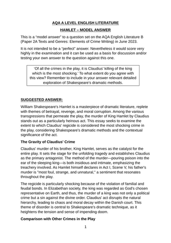 EDEXCEL English Literature A Level Hamlet Claudius' Killing of King ...