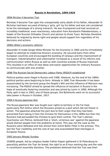 Russia in revolution 1894-1924 Unit 1 (Edexcel KS5) | Teaching Resources