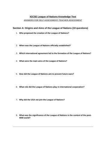 LEAGUE OF NATIONS KNOWLEDGE TEST- CIE IGCSE/GCSE HISTORY | Teaching ...