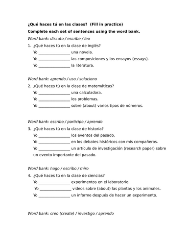 ¿Qué haces tú en las clases? (Fill in practice) | Teaching Resources