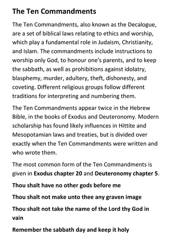 The Ten Commandments Handout with activities | Teaching Resources