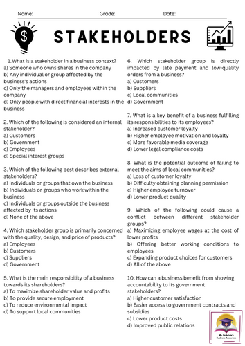 Pop Quiz Stakeholders in Business As Level | Teaching Resources