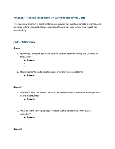 King Lear Act 3 Revision Worksheet | Teaching Resources