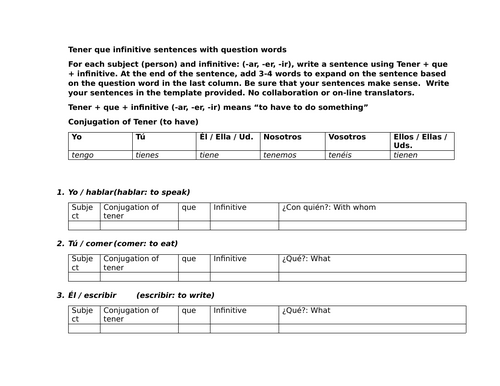 Tener que infinitive sentences with question words | Teaching Resources