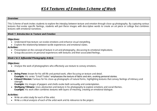 KS4 GCSE Photography Scheme of Work (SOW): Textures of Emotions (Pick ...