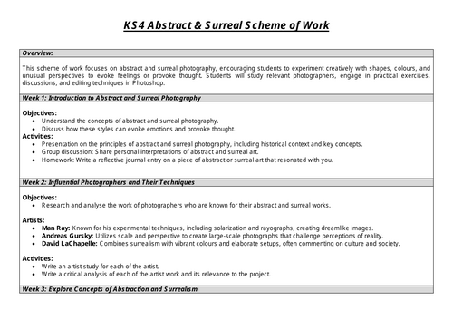 KS4 GCSE Photography Abstract and Surreal Scheme of Work (SOW ...