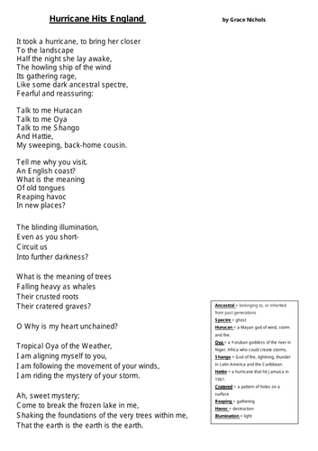 Hurricane Hits England by Grace Nichols | Teaching Resources