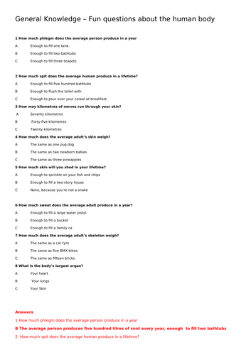 General Knowlege Quiz - Fun Human Body Questions - Answers Included ...