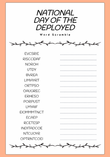 National Day of the Deployed word scramble puzzle worksheet Activity ...