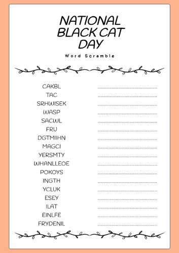 National Black Cat Day word scramble puzzle worksheet Activity ...