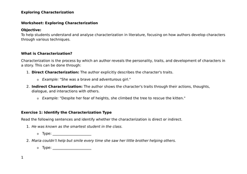 Worksheet: Exploring Characterization | Teaching Resources