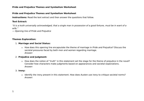 Pride and Prejudice Themes and Symbolism Worksheet | Teaching Resources