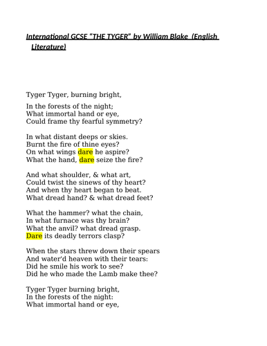 Key Vocabulary FOR STUDYING "The Tyger" William Blake GCSE ENGLISH ...