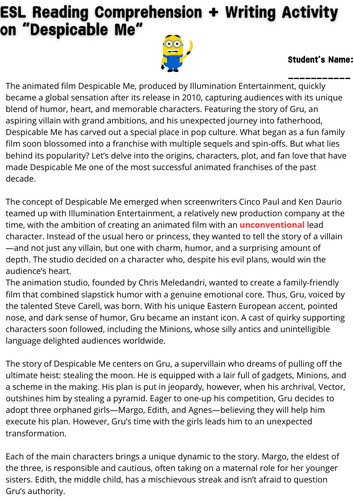 ESL Reading Comprehension + Writing Activity Worksheets on "Despicable ...