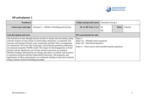 Unit plan for IBDP Chemistry - Structure 2 - Models of bonding and ...