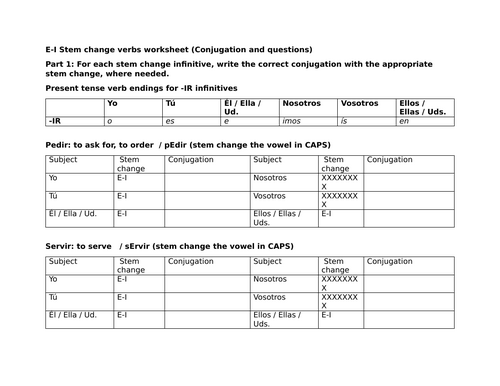 E-I Stem change verbs worksheet (Conjugation and questions) | Teaching ...